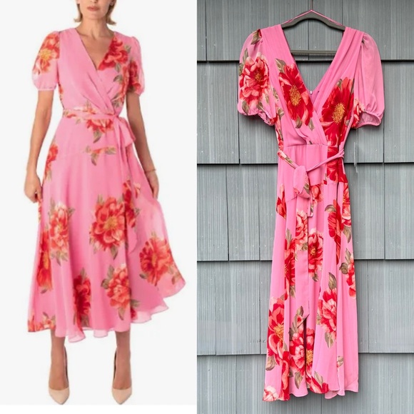 Maison Tara | Dresses | Nwt Maison Tara Pink Floral Chiffon Faux Wrap ...